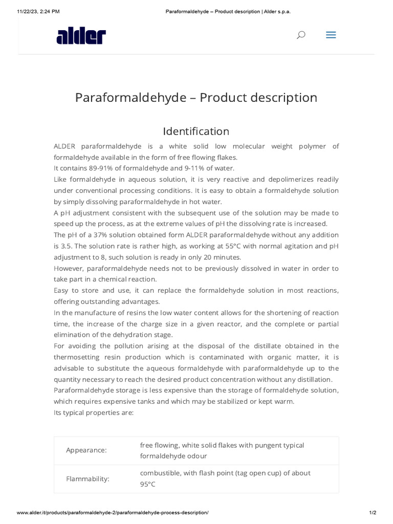 Paraformaldehyde - Product Description - Alder S.P.A | Download Free ...