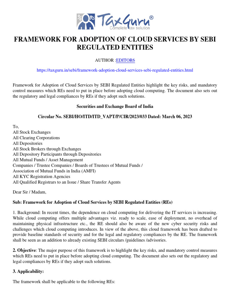 Framework For Adoption of Cloud Services by SEBI Regulated Entities - Taxguru - in | PDF | Cloud ...