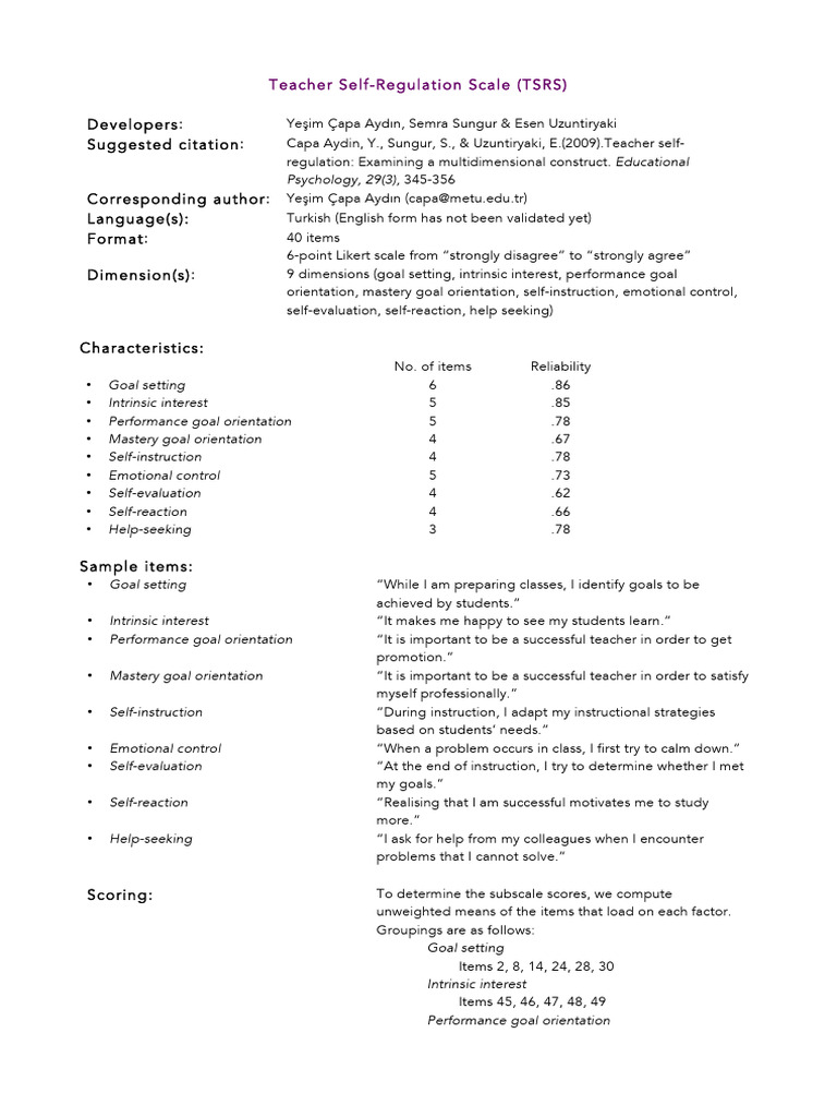 TSRS Teacher Self Regulation Scale | PDF | Goal | Cognition