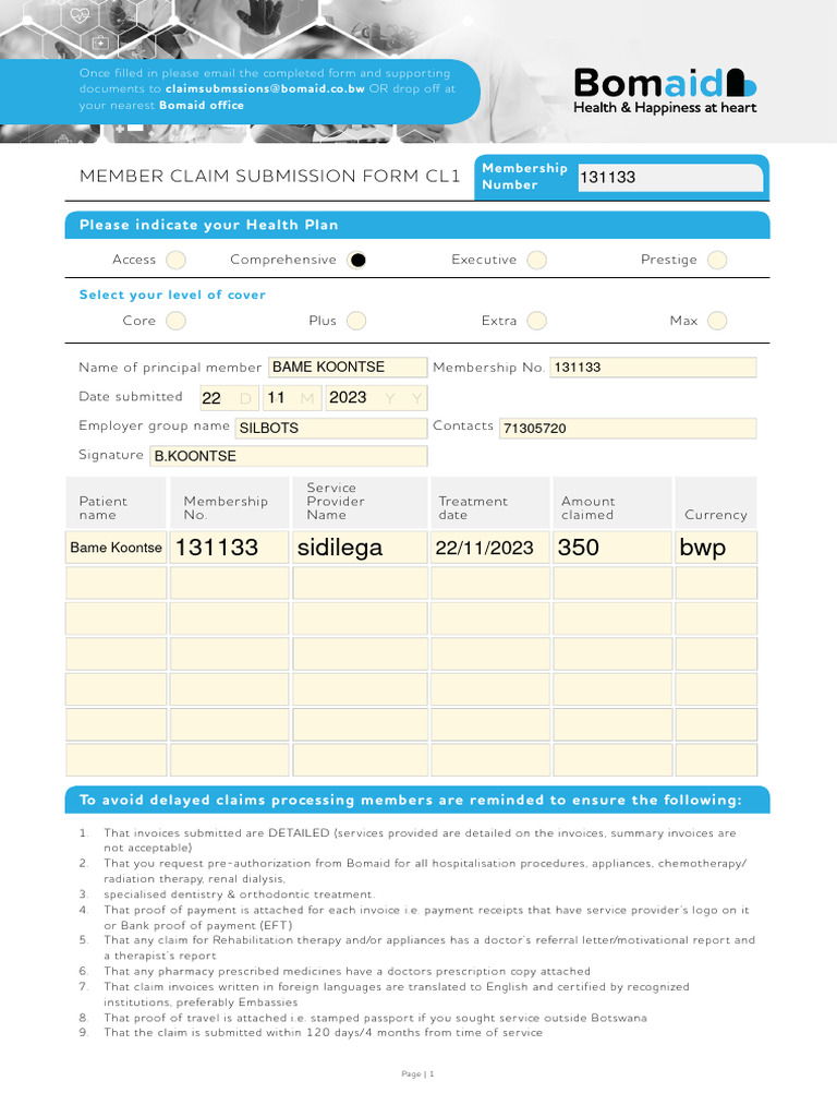 Bomaid 25 Jan Member Claim Submission Form CL1 1 - 2023 | Download Free PDF | Therapy | Health Care