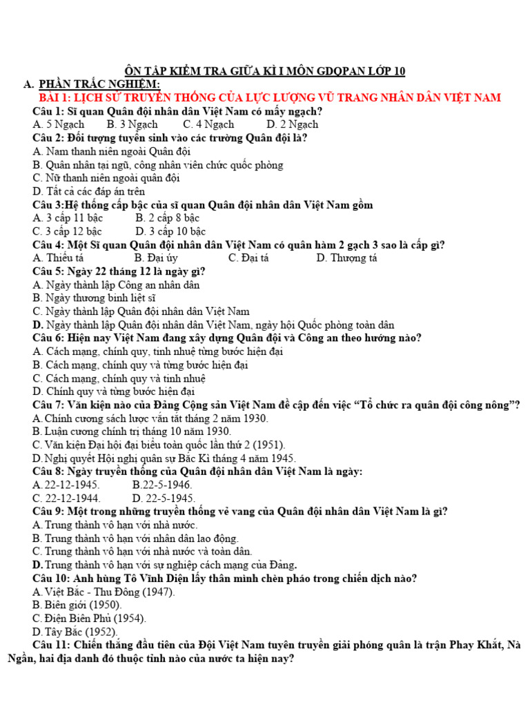 ĐÈ CƯƠNG ÔN TẬP KT GIỮA KÌ QP 10 HKI | PDF