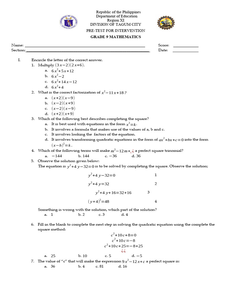 Math 9 Pre Test For Intervention | PDF | Equations | Mathematical Concepts
