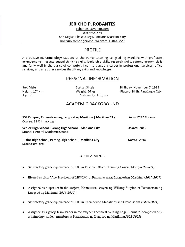 Jericho Robantes: Criminology Profile | PDF | Career & Growth | Social ...