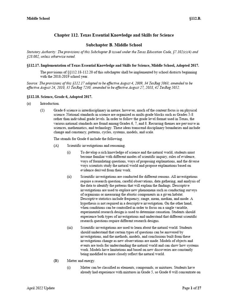 Texas Middle School - TEKS Science - ch112b | PDF | Science ...