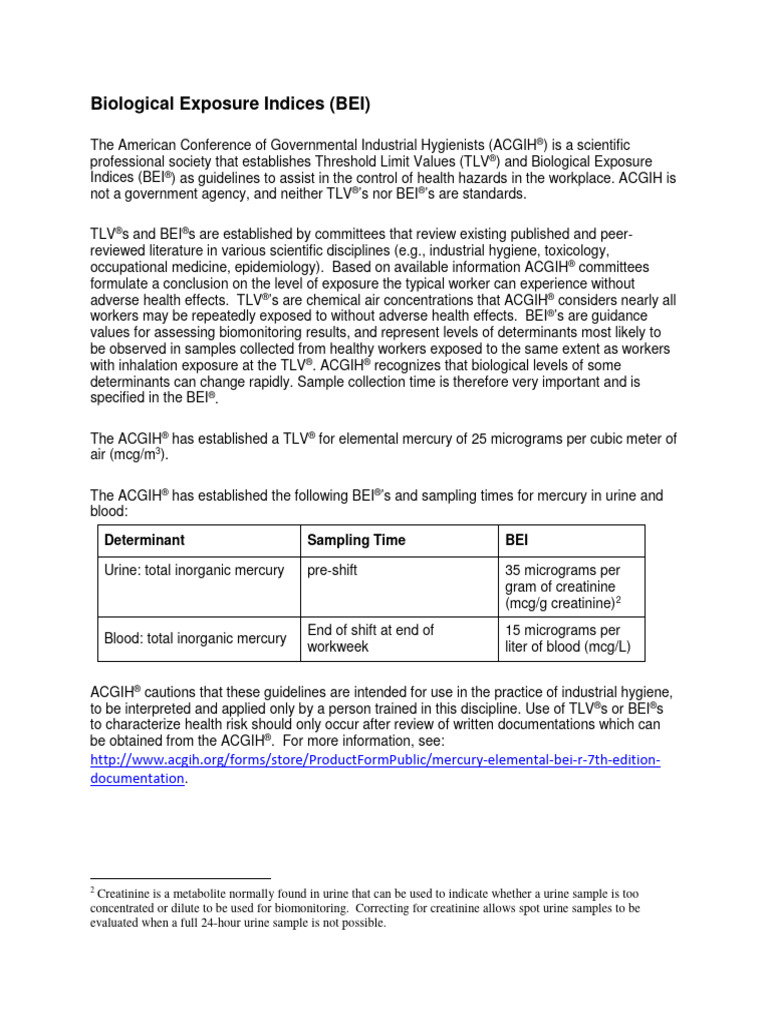 Biological Exposure Indices (BEI) : Documentation | PDF | Occupational Hygiene | Medicine