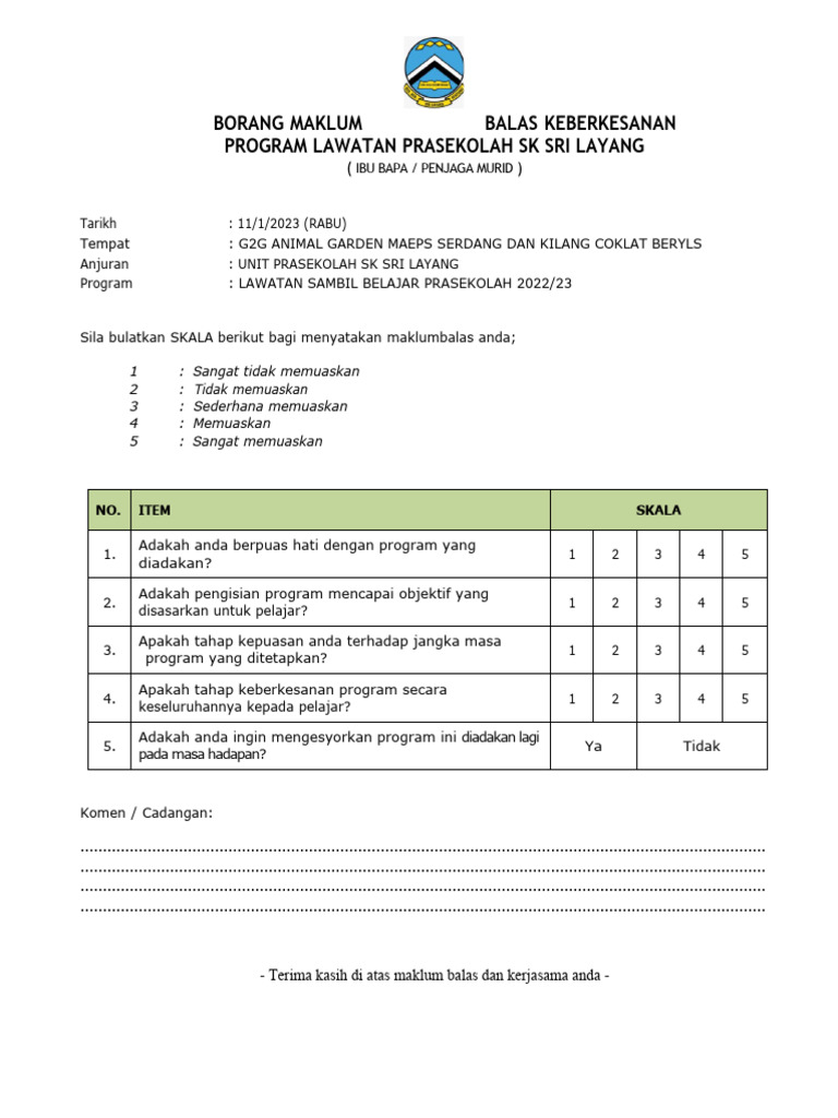 Borang Maklum Balas Lawatan | PDF