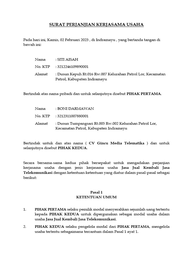 Surat Perjanjian Kerjasama Usaha Pdf
