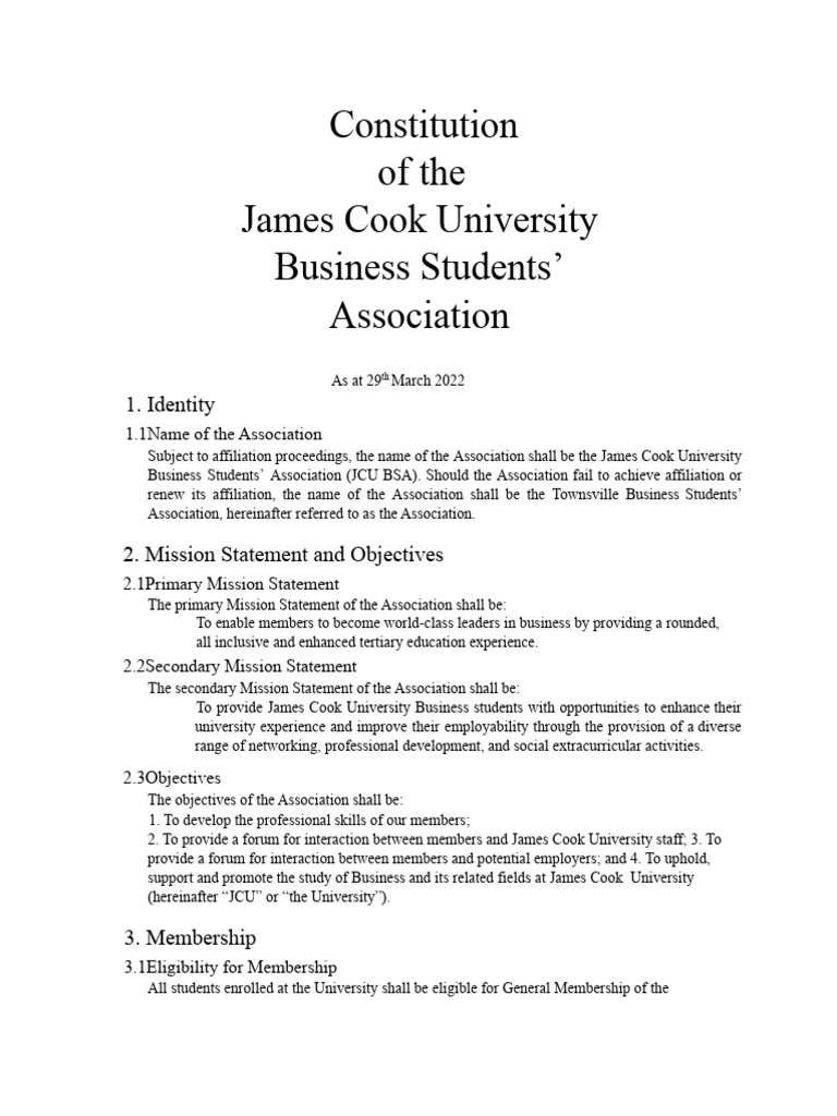 Constitution of The James Cook University Business Students Association 290322 | PDF | Banks ...