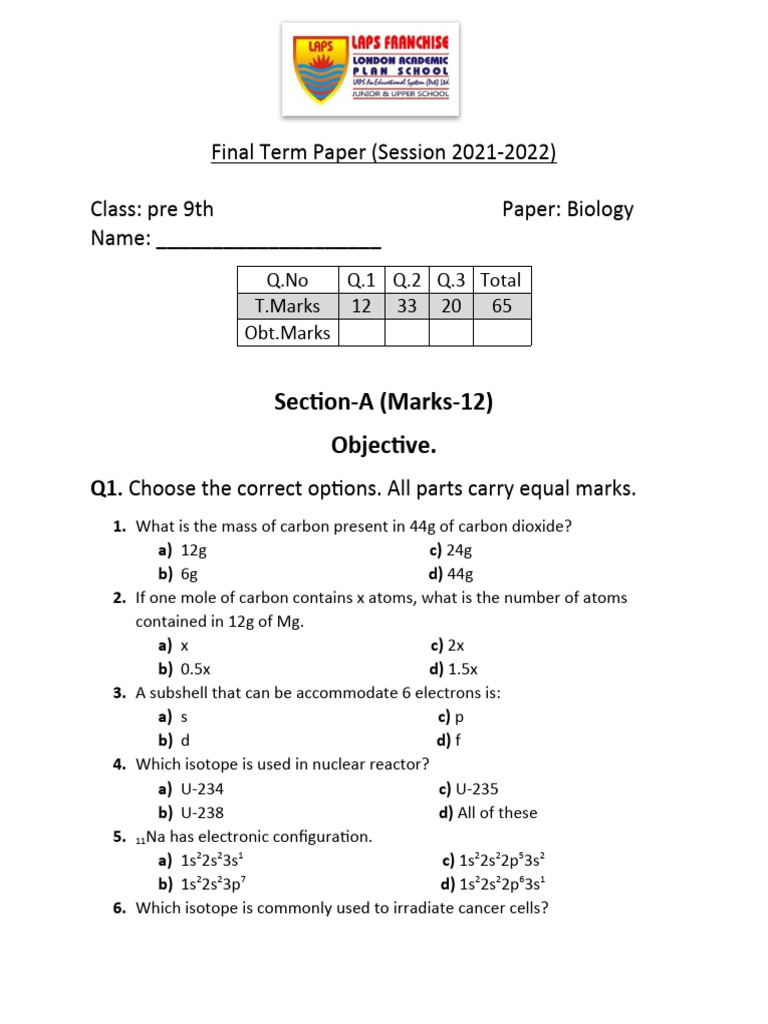 CHEMISTRY FINAL PAPER CLASS 8TH | PDF | Atomic | Nuclear Physics