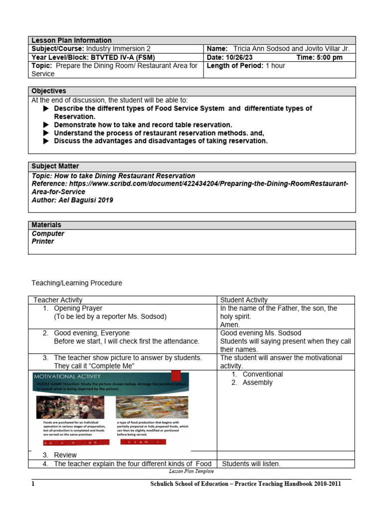 Detailed Lesson Plan Preparing Dining | PDF | Cognition | Learning