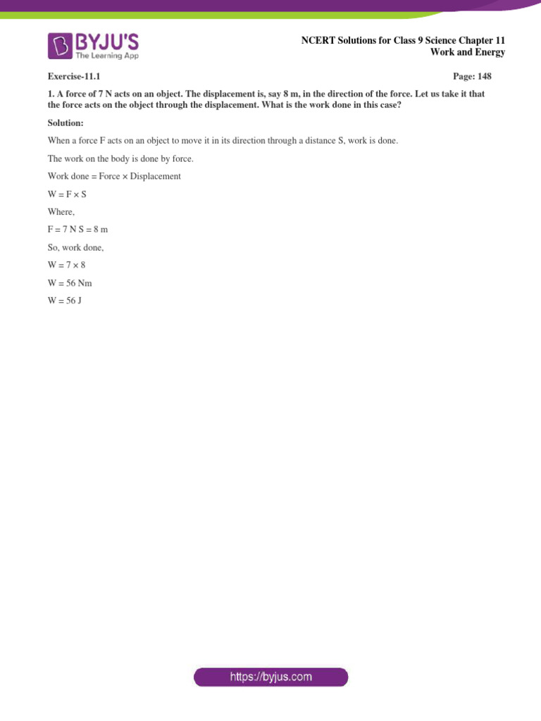 Class 9 Science: Work and Energy Solutions | PDF | Force | Potential Energy