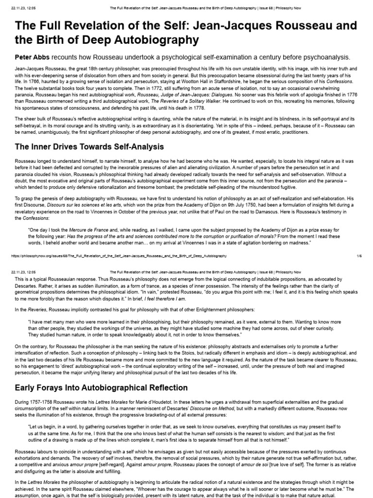 The Full Revelation of The Self - Jean-Jacques Rousseau and The Birth ...