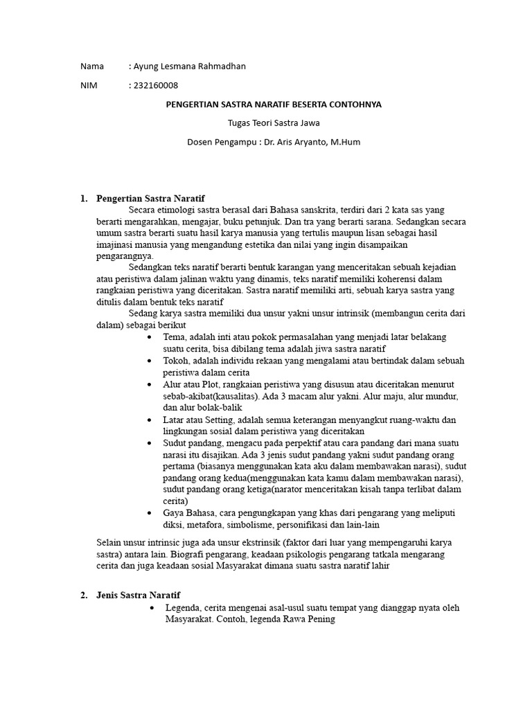 Pengertian, Jenis Dan Contoh Sastra Naratif | PDF