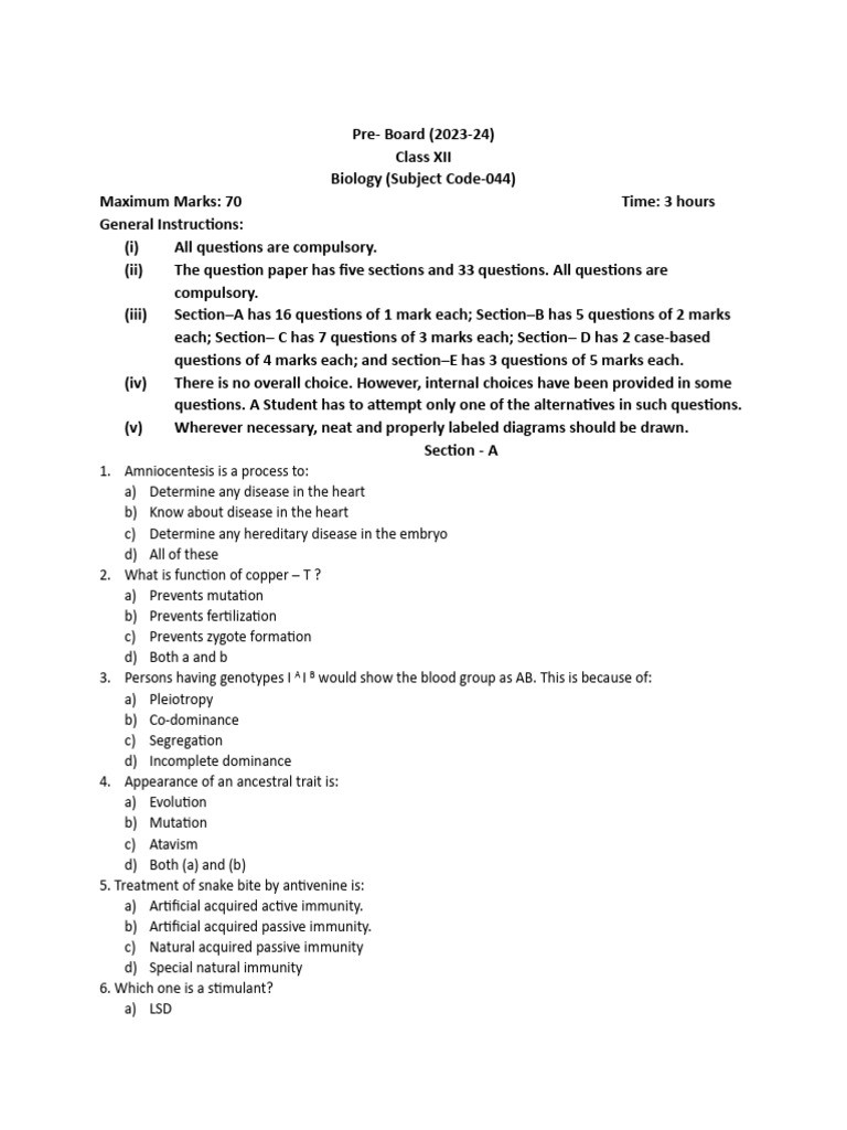 Class XII Biology Pre-Board Exam 2023-24 | PDF | Dna | Malaria