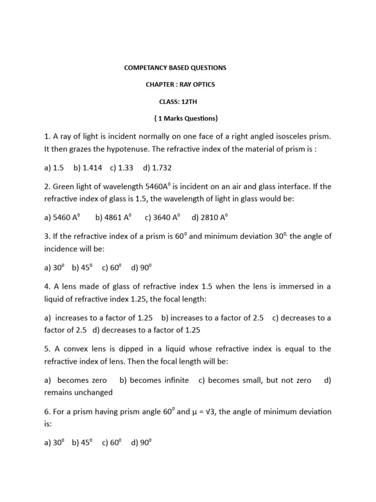Class 12 Ray Optics Competency Questions | PDF | Refractive Index ...