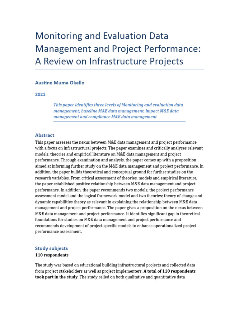 Monitoring and Evaluation Data Management and Project Performance a ...