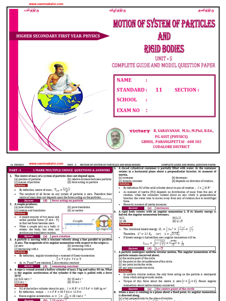 Namma Kalvi 11th Physics Study Material Unit 5 EM 221092 | PDF | Rotation Around A Fixed Axis ...