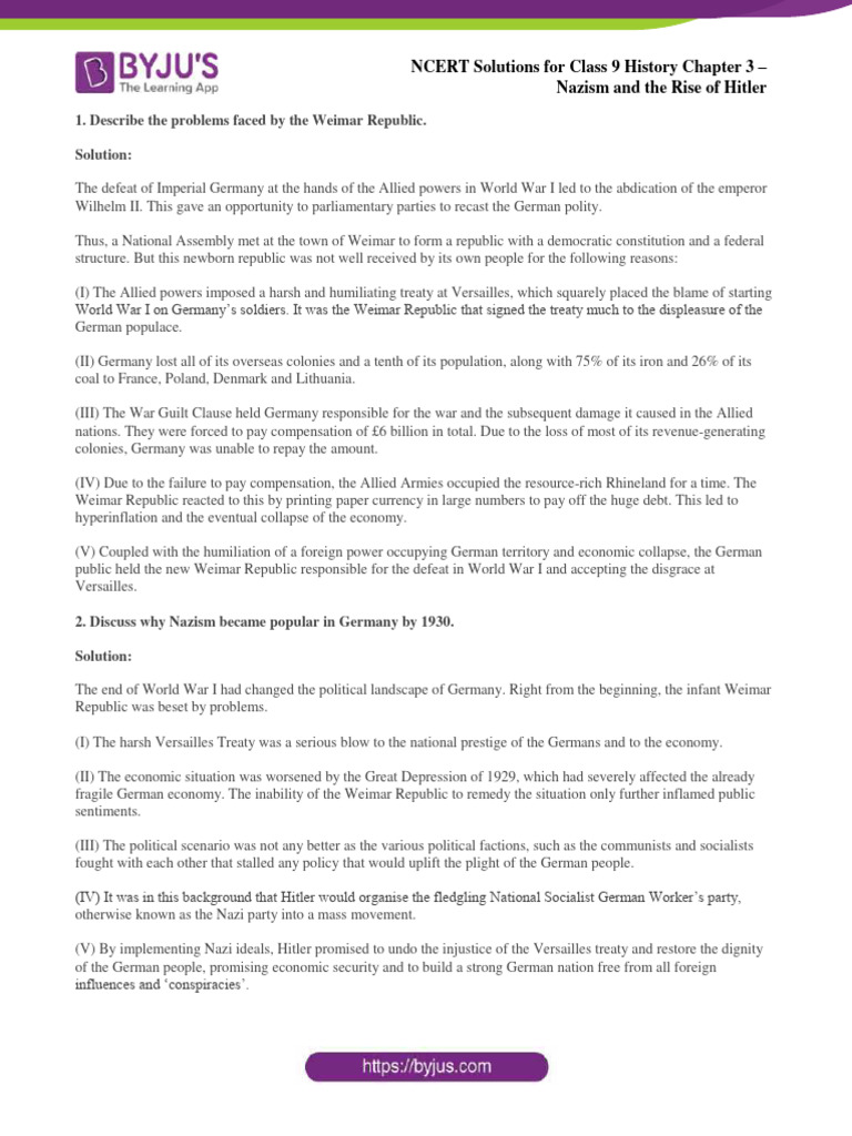NCERT Solutions For Class 9 History Chapter 3 Nazism and The Rise of ...