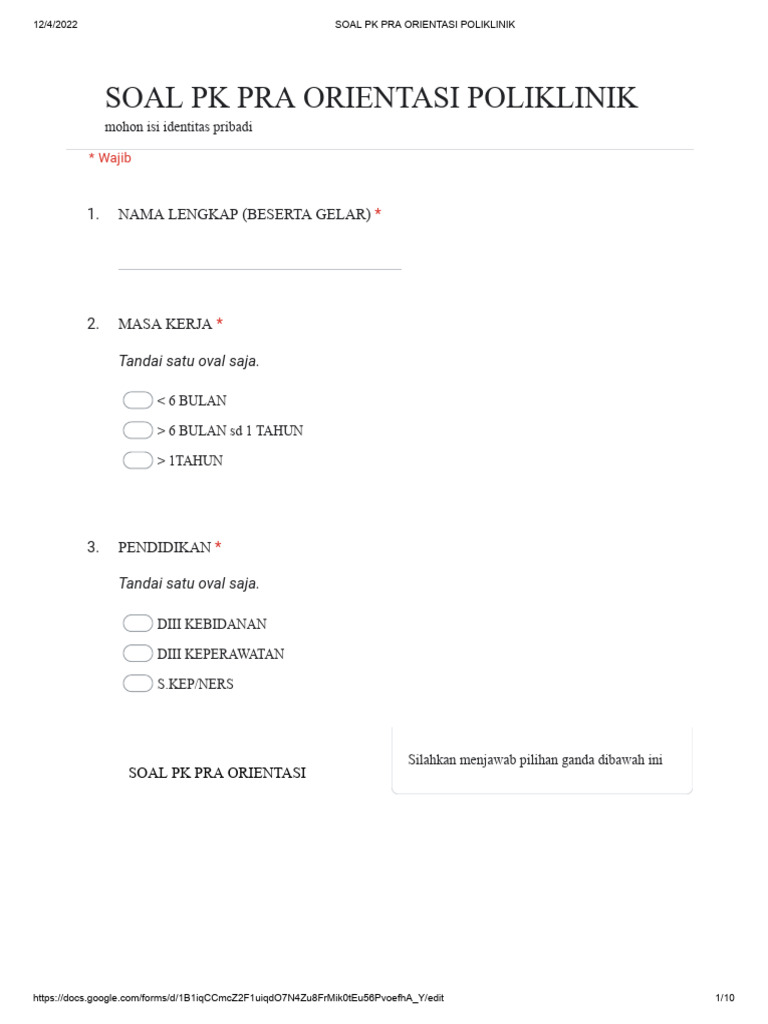 SOAL PK PRA ORIENTASI - Google Formulir | PDF | Pengembangan Diri