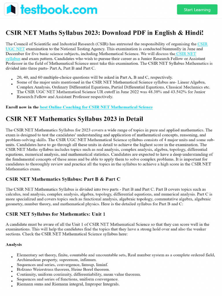 CSIR NET Maths Syllabus 2023 - Download PDF in English & Hindi! | PDF