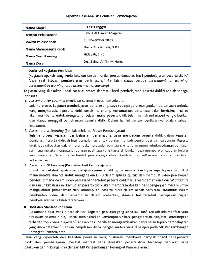 Laporan Hasil Penilaian Pembelajaran | PDF