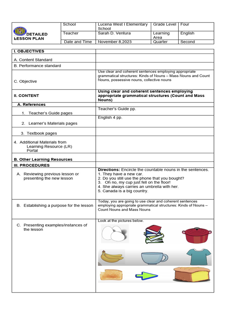 Grade 4 English: Nouns Lesson Plan | PDF | Noun | Learning