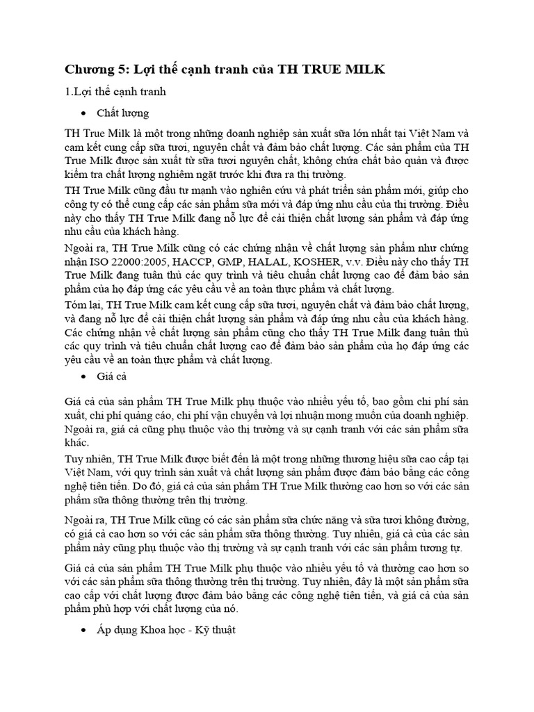 Chương 5 Lợi thế cạnh tranh của TH TRUE MILK | PDF