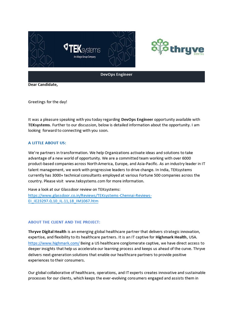 JD - DevOps Engineer - Thryve Digital | PDF | Business | Software Engineering