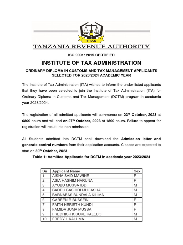 Sellected DCTM Applicants For 2023-2024 Academic Year | PDF