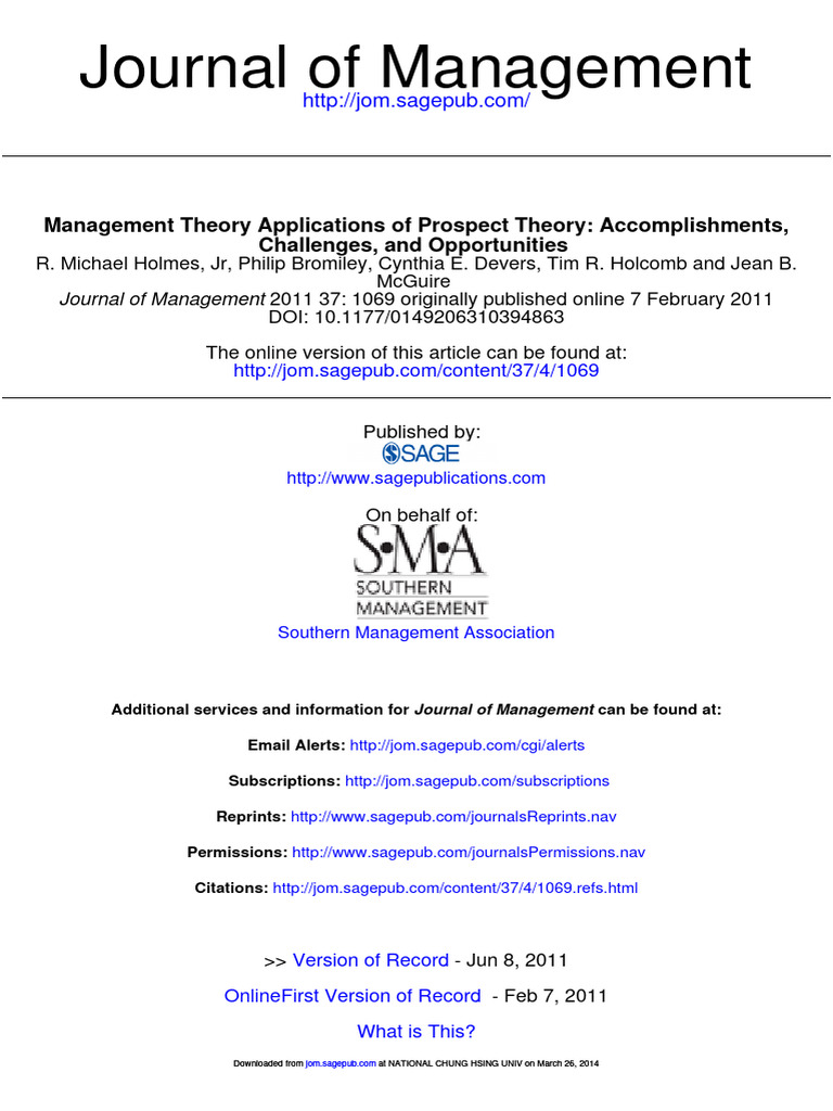 Holmes Et Al. (2011) - Management Theory Applications of Prospect ...