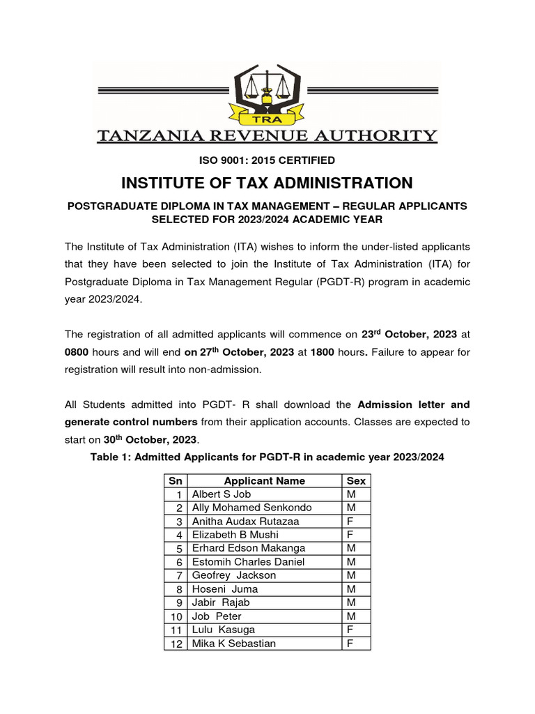 Selected Pgdt-Regular Applicants For 2023-2024 Academic Year | PDF