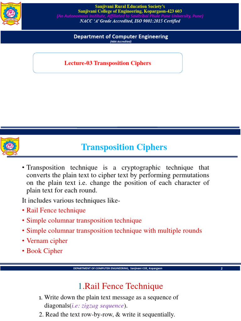 Lecture 3 - Transposition Ciphers | PDF | Cipher | Secure Communication