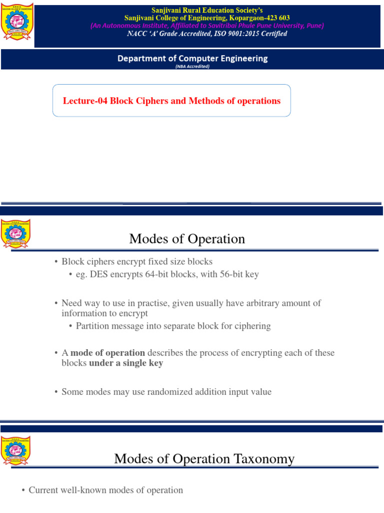 Lecture 4 - Block CIphers and Methods of Operations | PDF | Espionage Techniques | Algorithms
