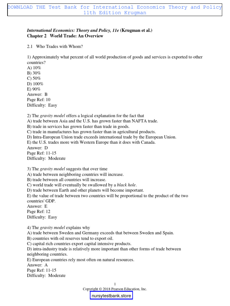 Test Bank For International Economics Theory and Policy 11th Edition ...
