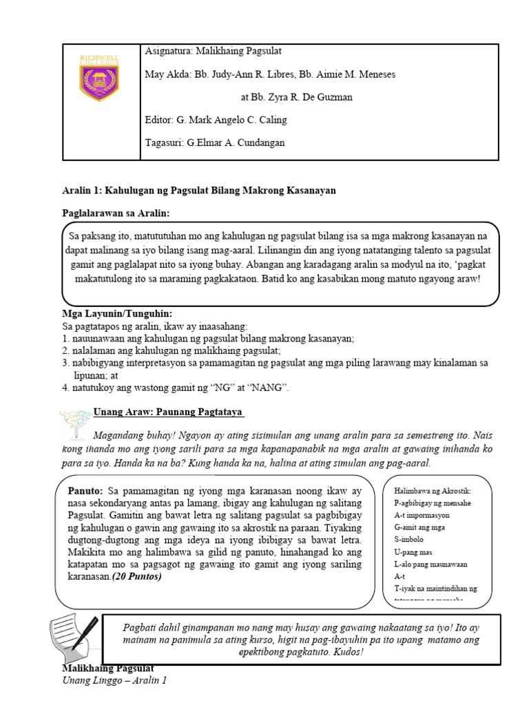 Aralin 1 - Malikhaing Pagsulat | PDF