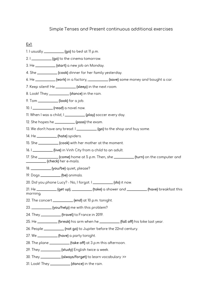 Simple Tenses and Present Continuous Additional Exercises | PDF ...