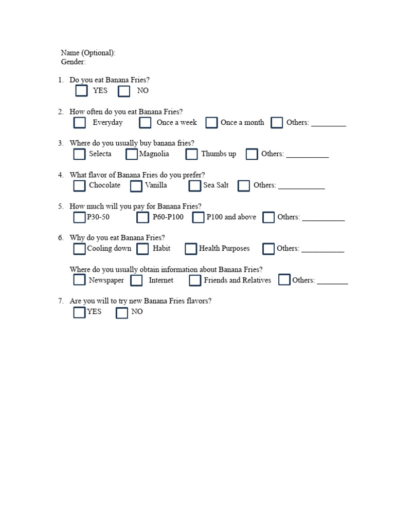Sample Questionnaire | PDF | North American Cuisine | Food Industry