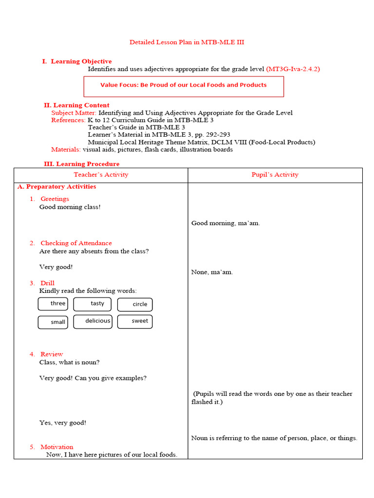 Detailed Lesson Plan in MTB MLE 3 | PDF | Adjective | Lesson Plan