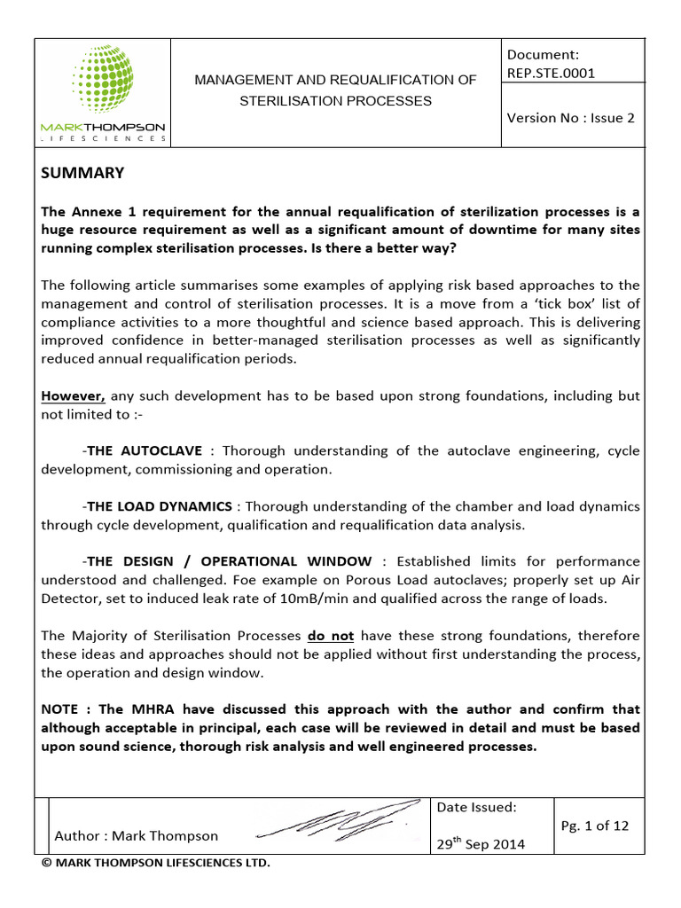 001 Management and Requalification of Sterilisation Processes | PDF | Sterilization ...