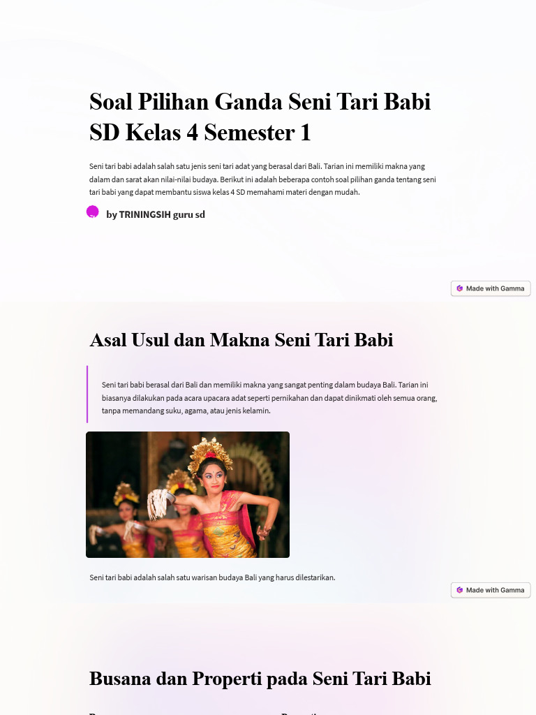 Soal Pilihan Ganda Seni Tari Babi SD Kelas 4 Semester 1 | PDF