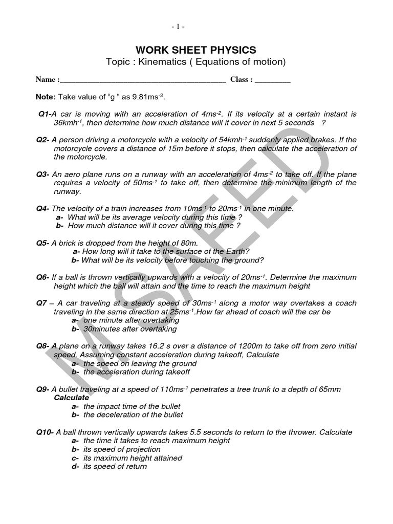 W .S (Equation of Motion) | PDF | Velocity | Acceleration