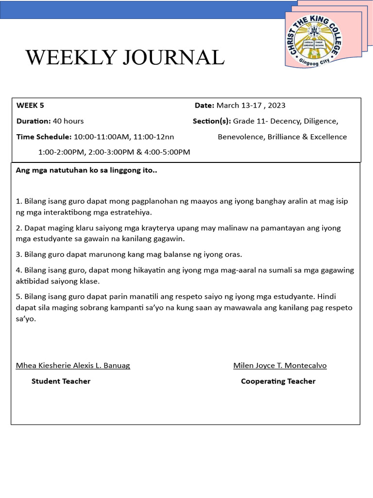Weekly Journal 5 - Internship | PDF