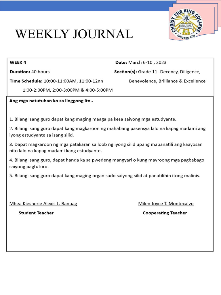 Weekly Journal 4 - Internship | PDF