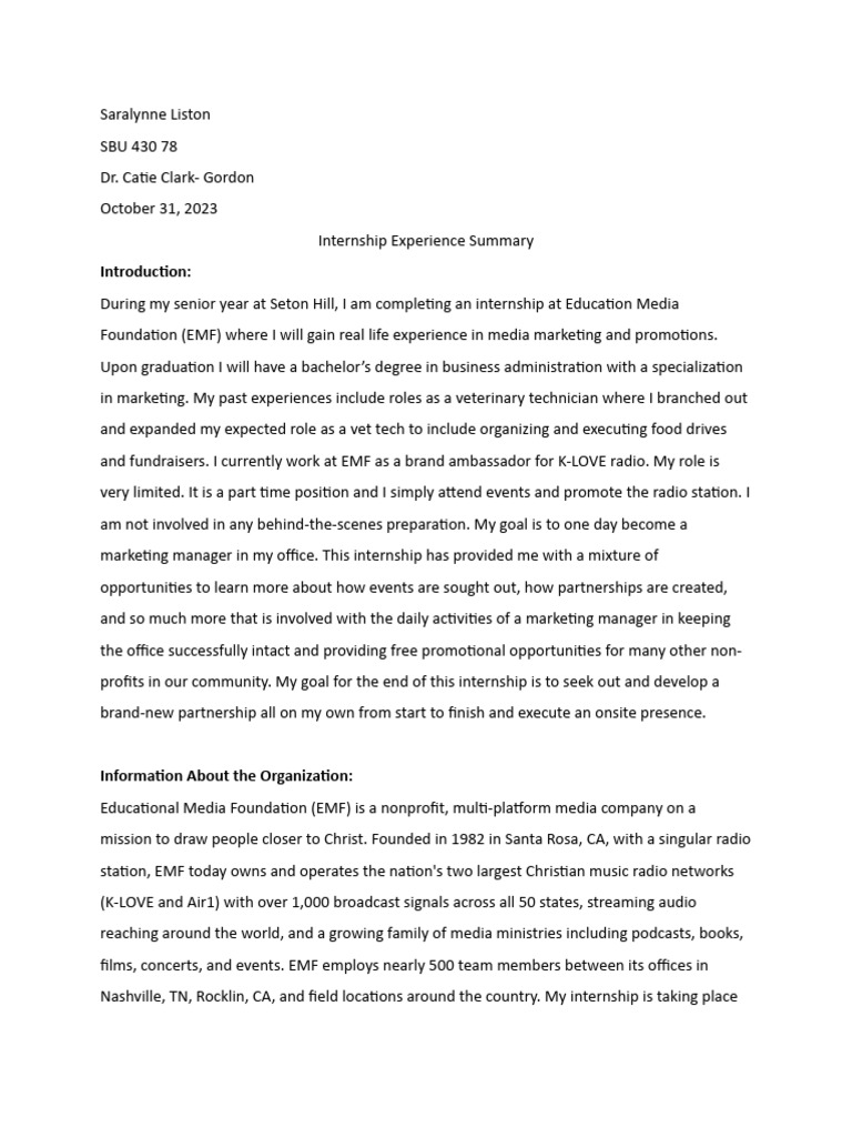 Internship Summary | PDF | Internship | Job Hunting