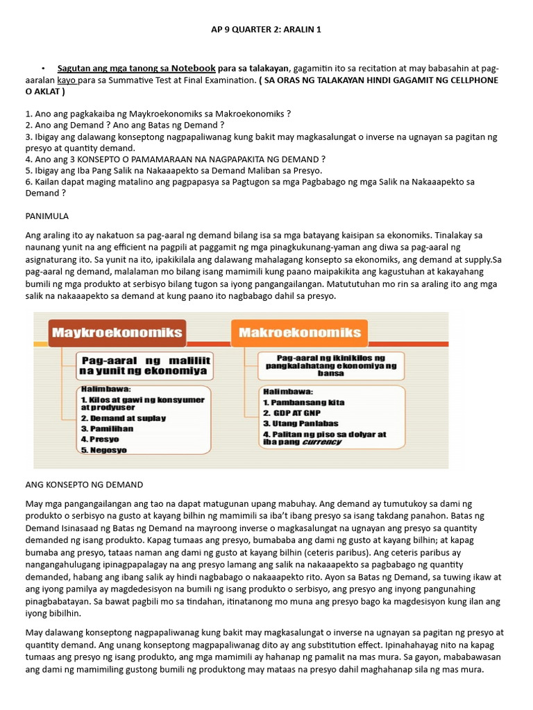 AP 9 Q2 Aralin 1 Demand Student | PDF