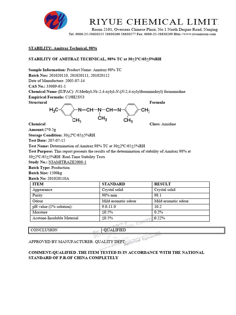 Stability Data For Amitraz, 98% | PDF | Chemical Substances | Physical ...