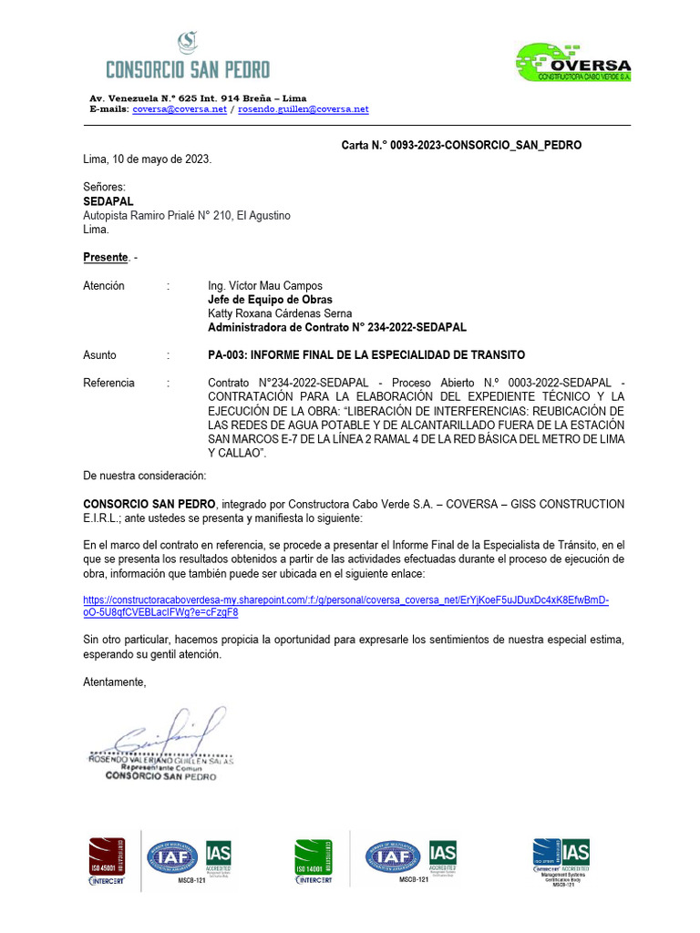 Carta 093-2023-CSP SEDAPAL Informe Final de Transito | PDF