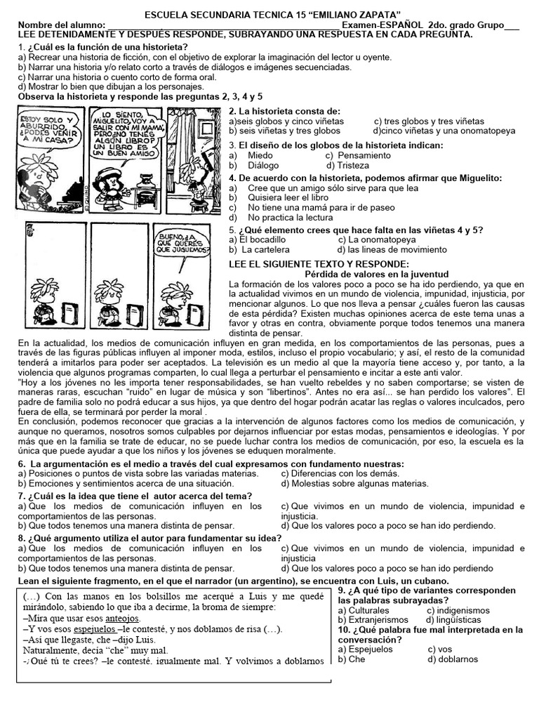 Examen de Español para Secundaria | PDF | Cómics | Ucrania