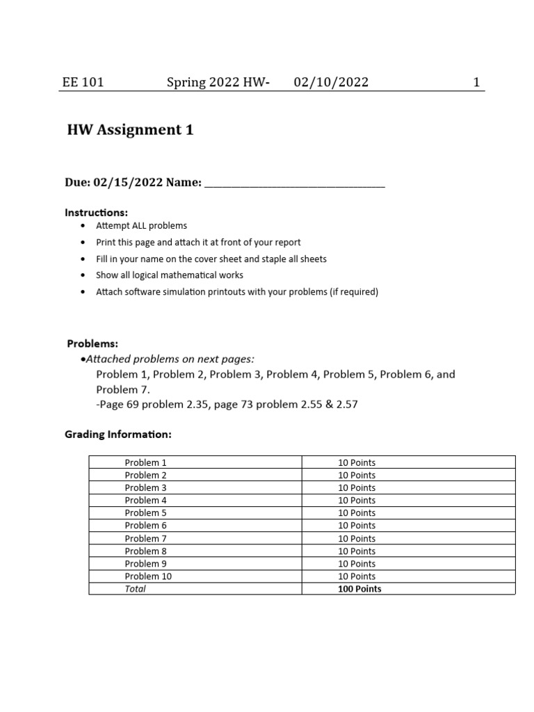 EE 101 Spring 2022 HW-1 | PDF | Electronic Design | Electromagnetism