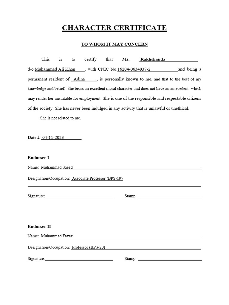 Character Certificate From Two Responsible Persons For KPPSC | PDF